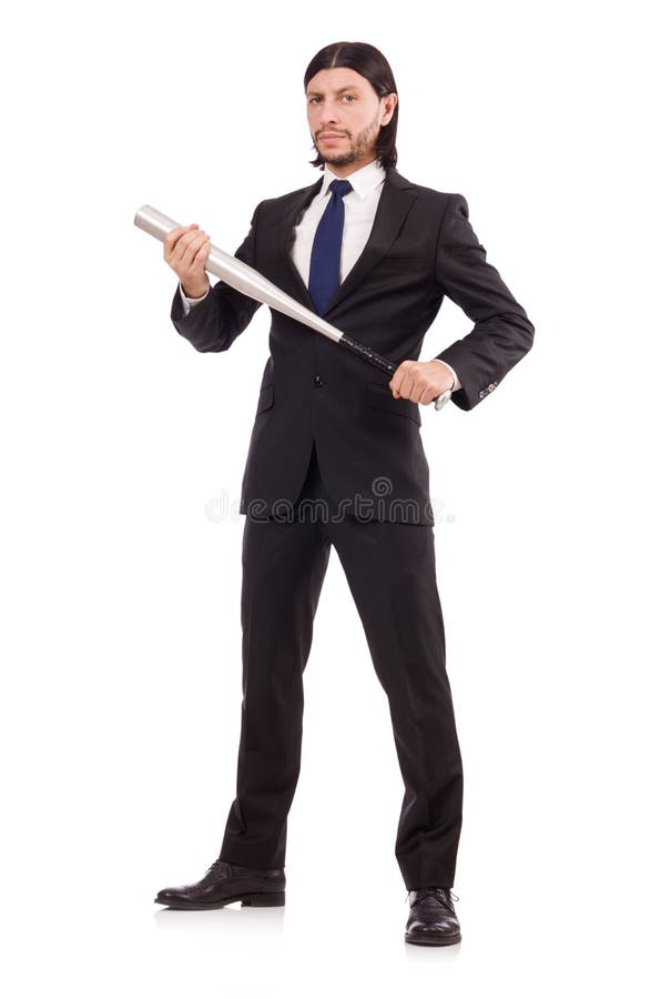 Man with Baseball Bat Isolated on White Stock Photo - Image of necktie ...