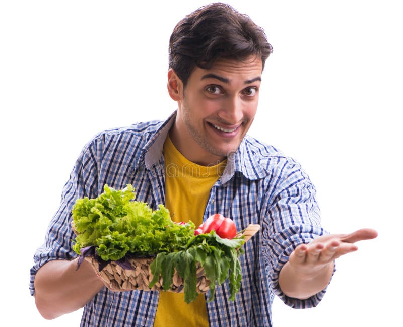 Man with Basket of Fruits and Vegetables Stock Photo - Image of happy ...