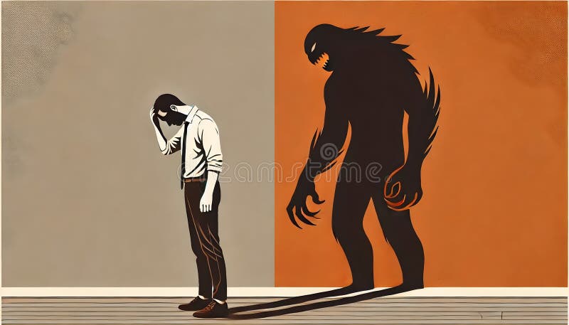 Man Battling Depression with Dark Shadow Monster Stock Illustration ...