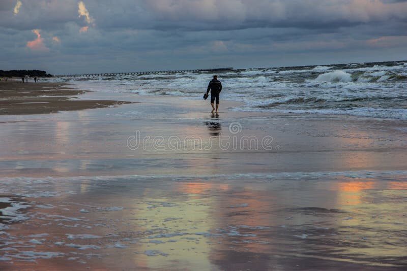 Man at Beach at Sunset Over the Baltic. Stock Image - Image of wave ...