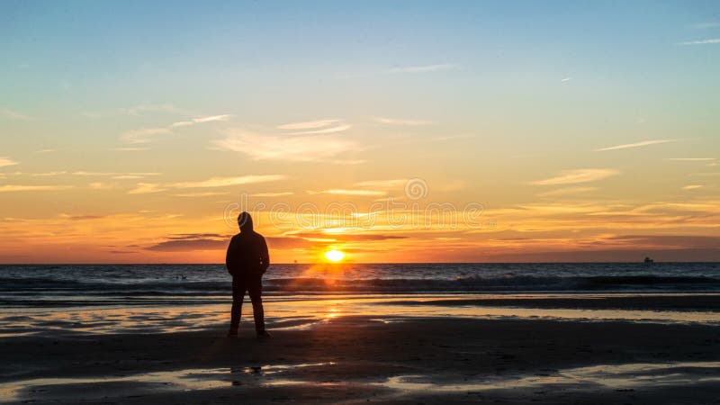 Man on beach at sunset stock image. Image of seaside - 157755553