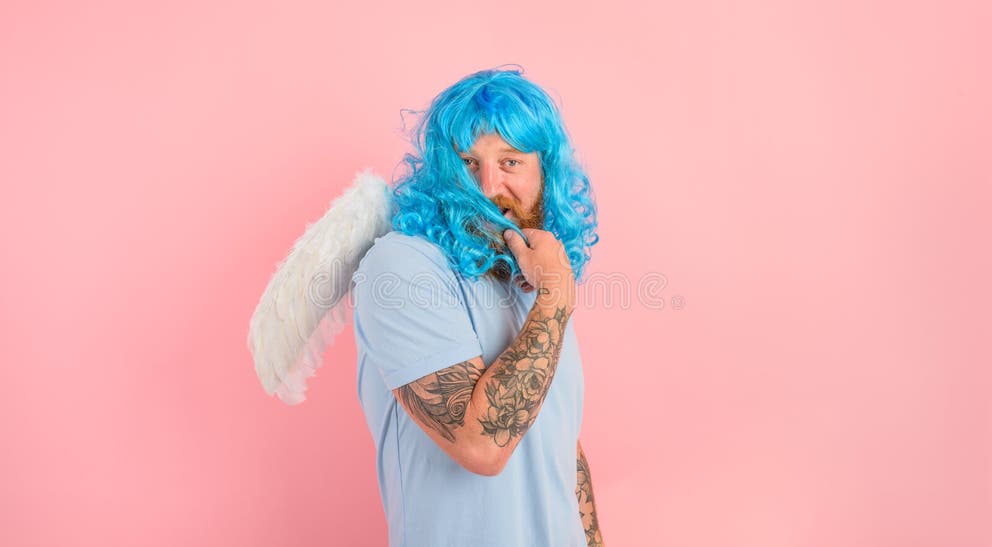 Man with Beard and Blue Peruke Acts Like an Agel with Wings Stock Image ...