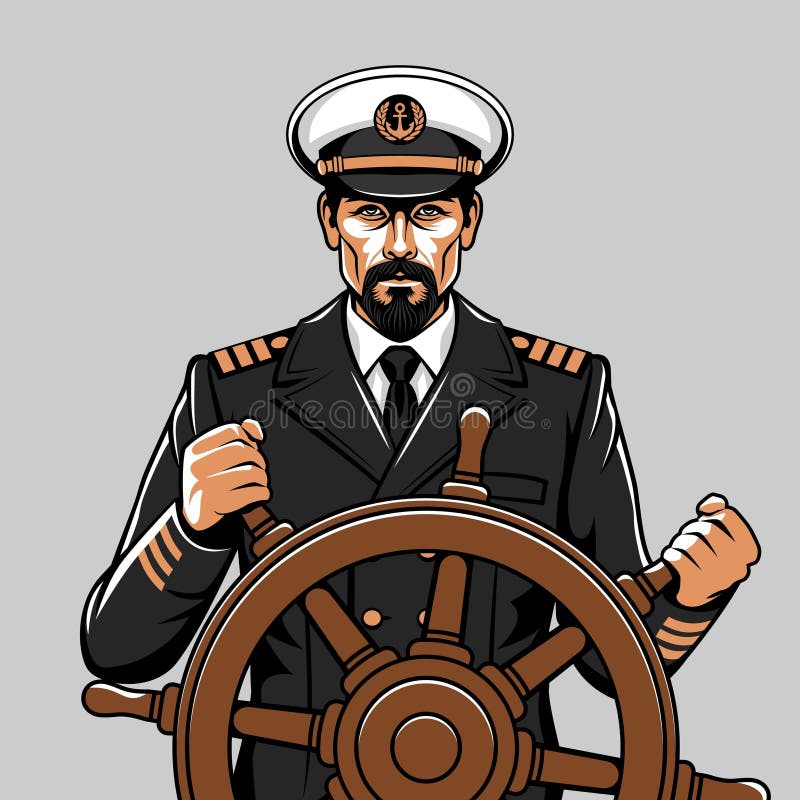 Man with a Beard in a Captain S Uniform at the Helm of the Ship Stock ...
