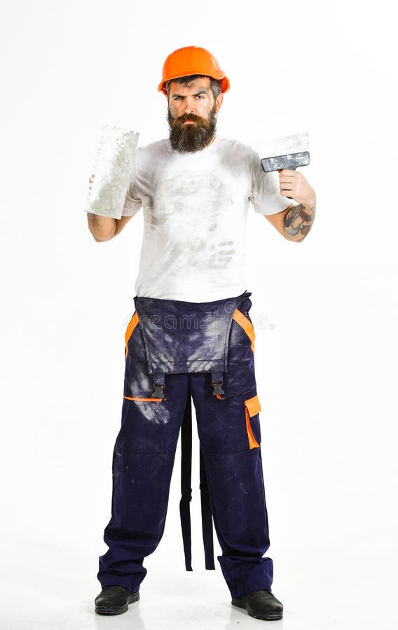 Man with Beard in Dirty Boilersuit. Builder, Plasterer, Repairman ...