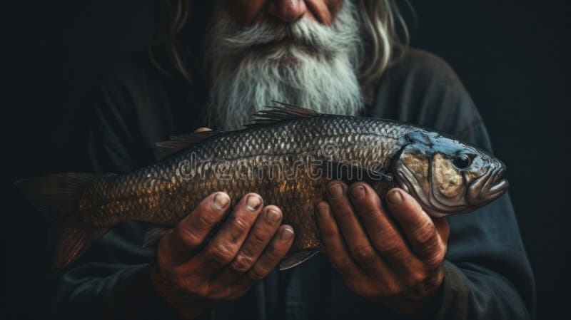 A Man with a Beard Holding Up a Fish in His Hands, AI Stock Photo ...
