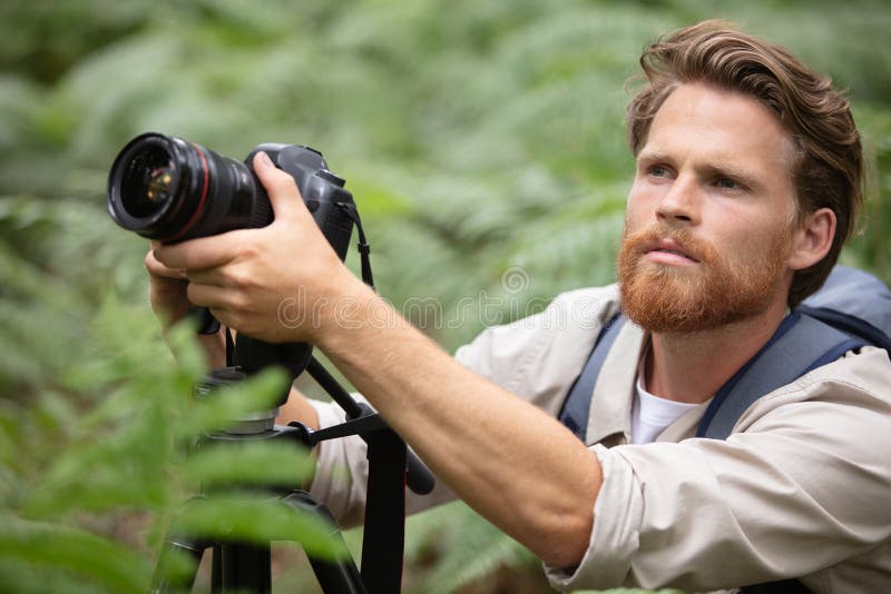 Man with Beard Holds Photocamera on Green Nature Stock Photo - Image of ...