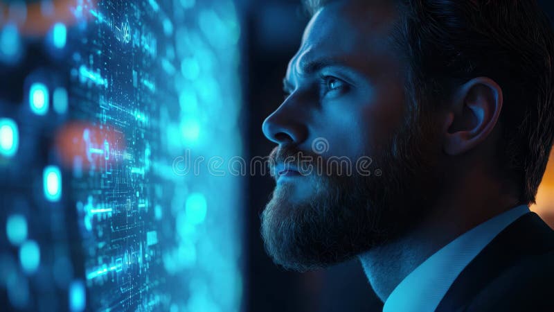 Man with a Beard is Looking at a Computer Screen. the Screen is Filled ...
