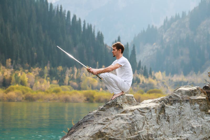 A Man with a Beard Lowered His Battle Sword. Male Defeat Stock Photo ...
