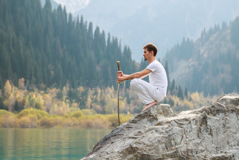 A Man with a Beard Lowered His Battle Sword. Male Defeat Stock Image ...