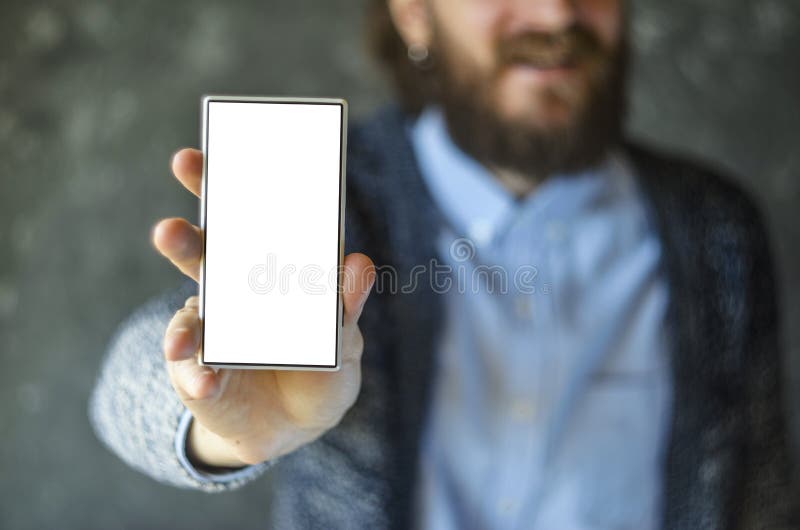 Man with a Beard Show Phone Screen Stock Image - Image of hold ...