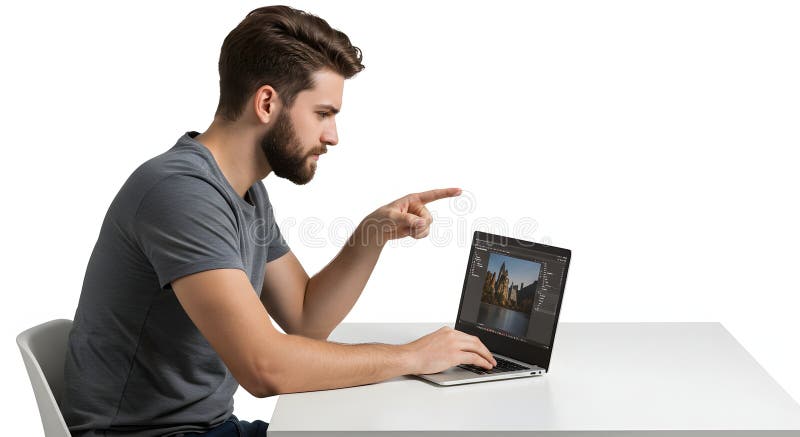 Man Pointing at Laptop Screen with Image Editing Software Stock ...