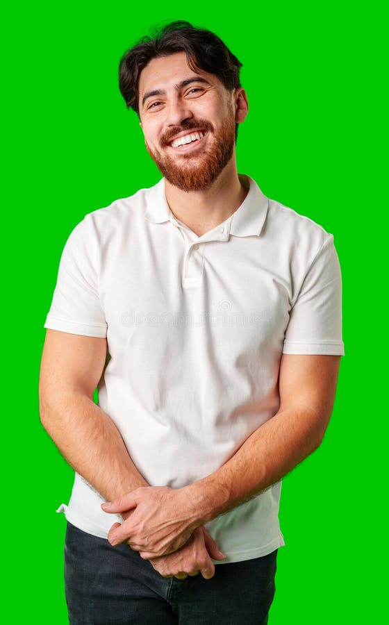 A Man with a Beard Smiles Confidently Against a Bright Green Background ...