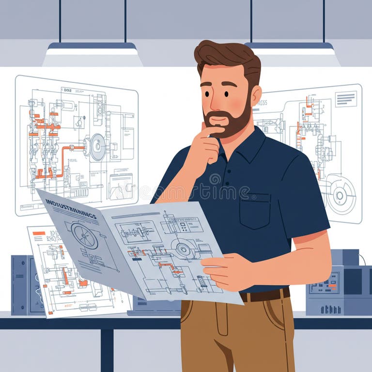 A Man with a Beard Studies Engineering Diagrams in a Modern Workspace ...