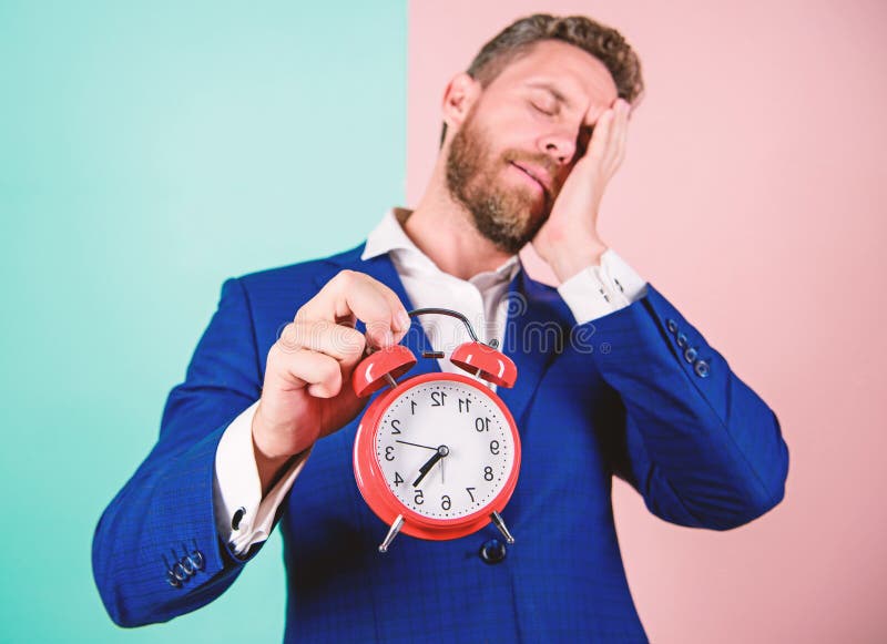 Man Bearded Sleepy Businessman Hold Clock Stress Concept Mature Man