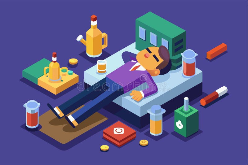 A Man in Bed with a Hangover, Surrounded by Empty Bottles and Snacks ...