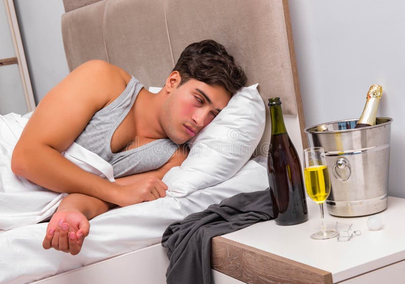 Man in the Bed after Party - Hangover Concept Stock Photo - Image of ...
