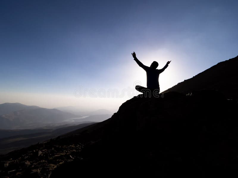 Man Begging and Praying To God on Top of Mountains Stock Image - Image ...
