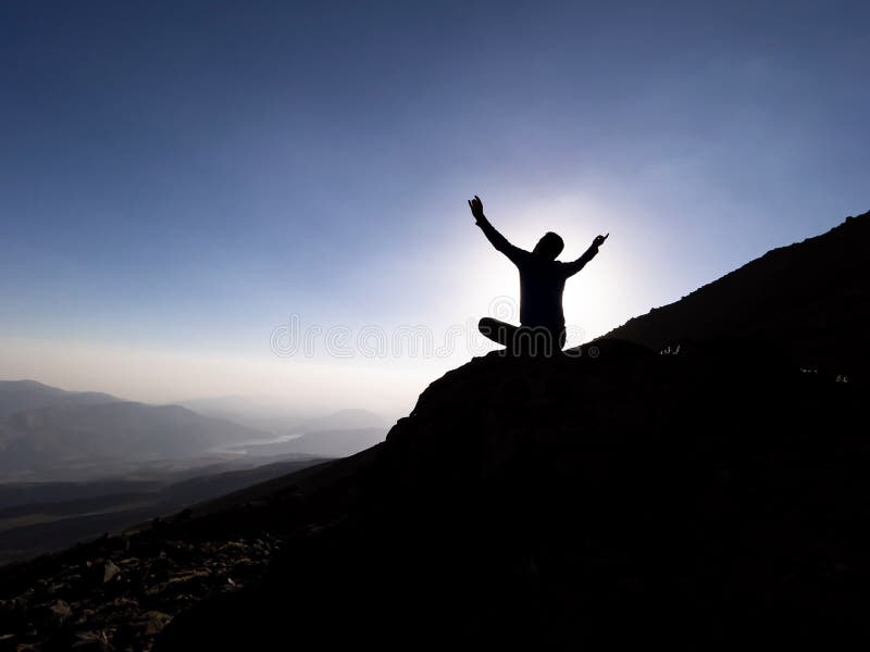 Man Begging and Praying To God on Top of Mountains Stock Image - Image ...