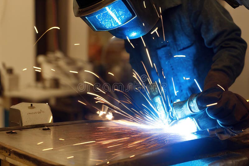 Man Behind Machine in Factory Engaged in Welding Process. Stock ...