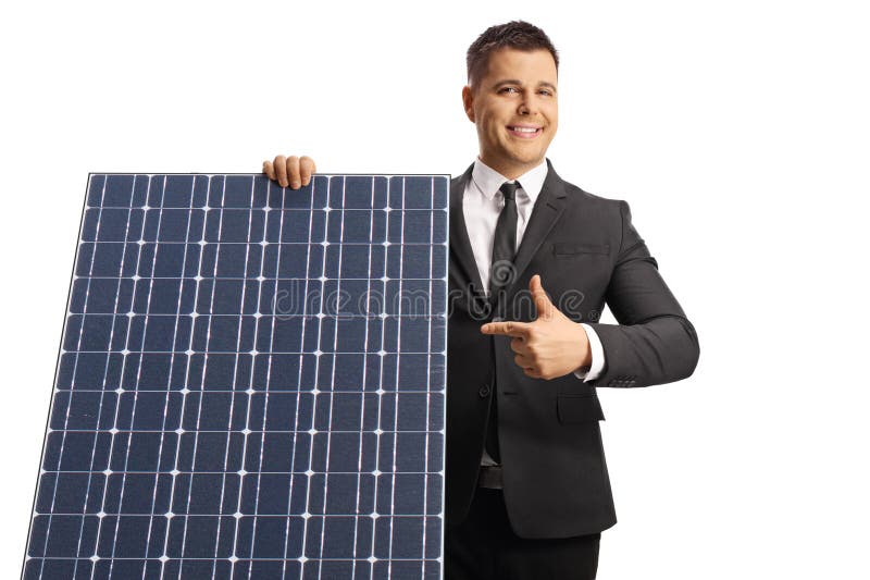 Man Behind a Solar Panel Smiling and Pointing Stock Photo - Image of ...