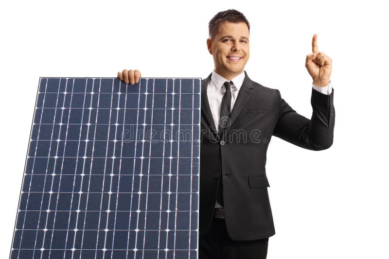 Man Behind a Solar Panel Smiling and Pointing Up Stock Photo - Image of ...