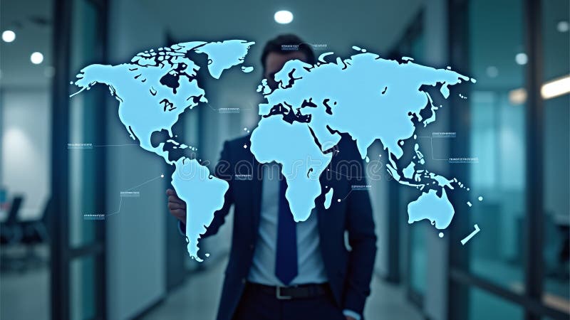 Man Behind Translucent World Map in Office Stock Illustration ...