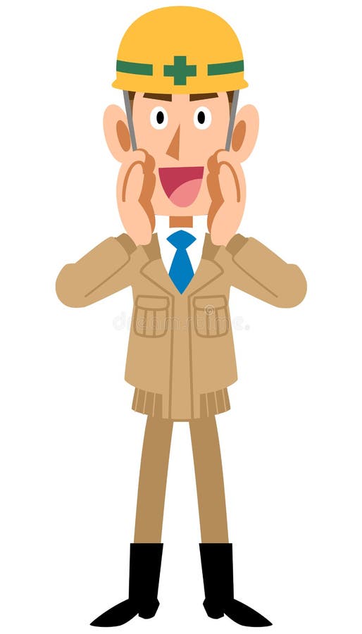 A Man in Beige Work Clothes Wearing a Helmet Calling Out Loud Stock ...