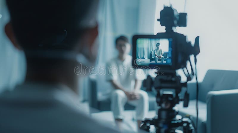 Man Being Filmed for an Interview in a Modern Setting. Professional ...