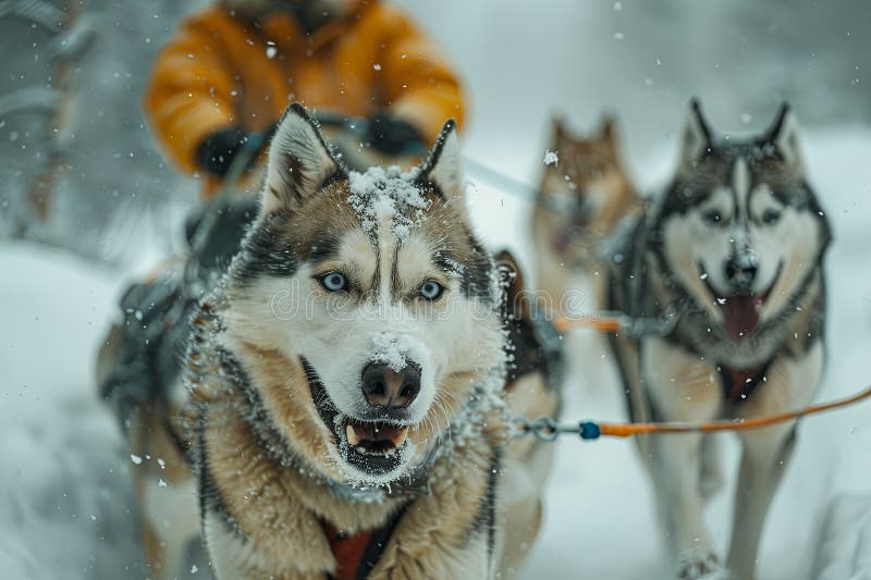 A Man is Being Pulled on a Sled by Two Husky Dogs in a Snowy Landscape ...
