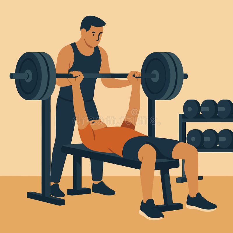 Man Bench Pressing with Spotter for Safety and Exercise Assistance Stock Vector - Illustration ...