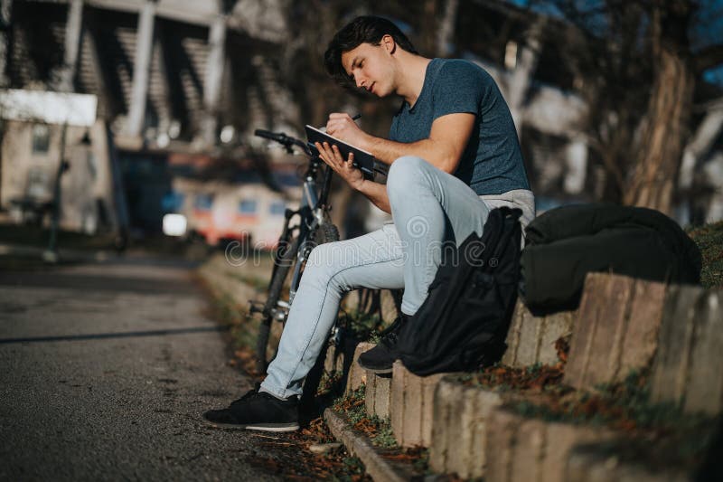 Man with Bicycle Enjoying a Break in Sunny Park Stock Image - Image of ...