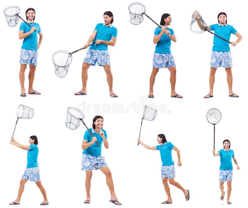 The Man with Big Catching Net Isolated on White Stock Image - Image of ...
