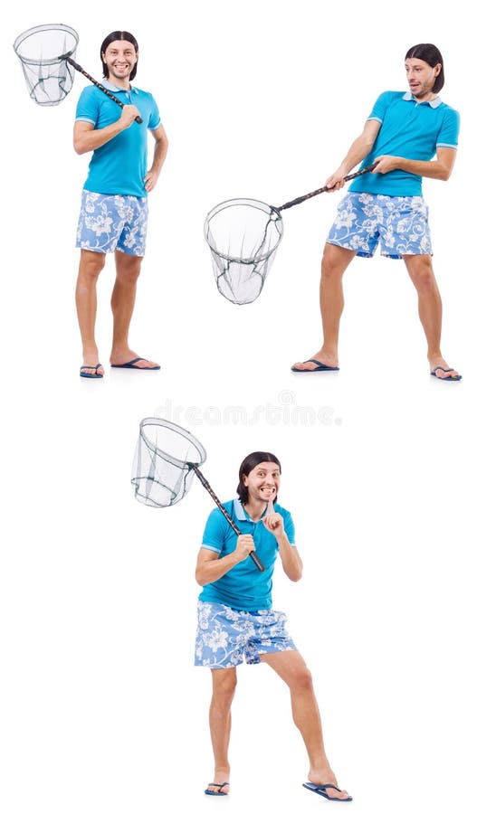 The Man with Big Catching Net Isolated on White Stock Photo - Image of ...