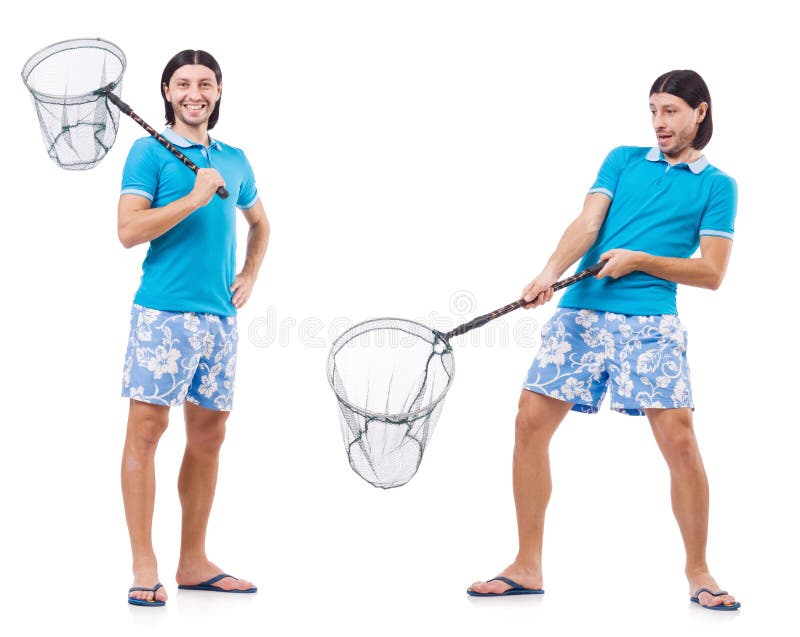 The Man with Big Catching Net Isolated on White Stock Image - Image of ...