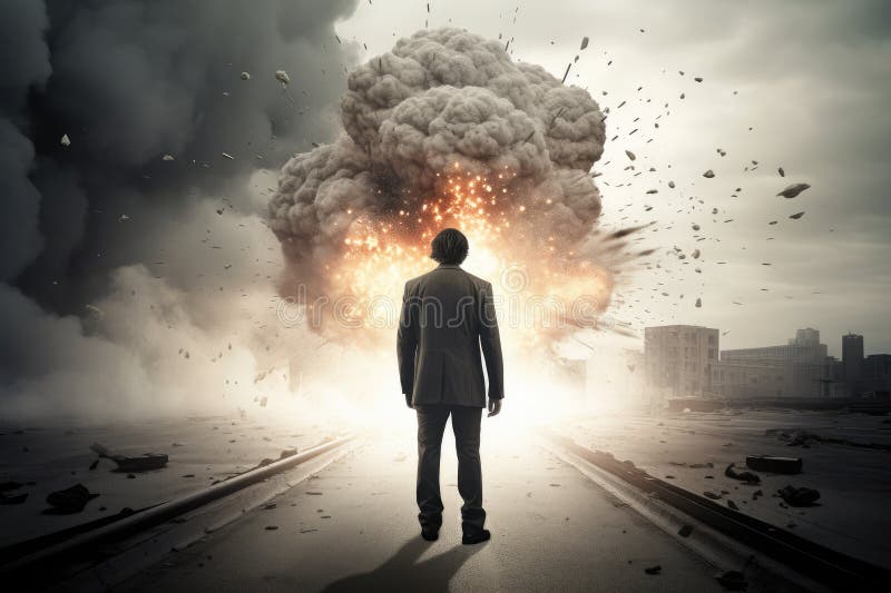 Man and Big Explosion. Generative AI Stock Illustration - Illustration ...