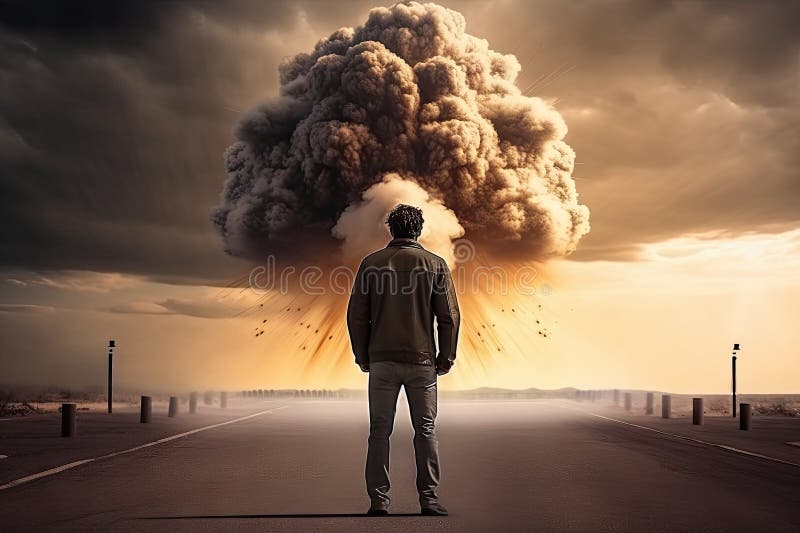 Man and Big Explosion. Generative AI Stock Illustration - Illustration ...