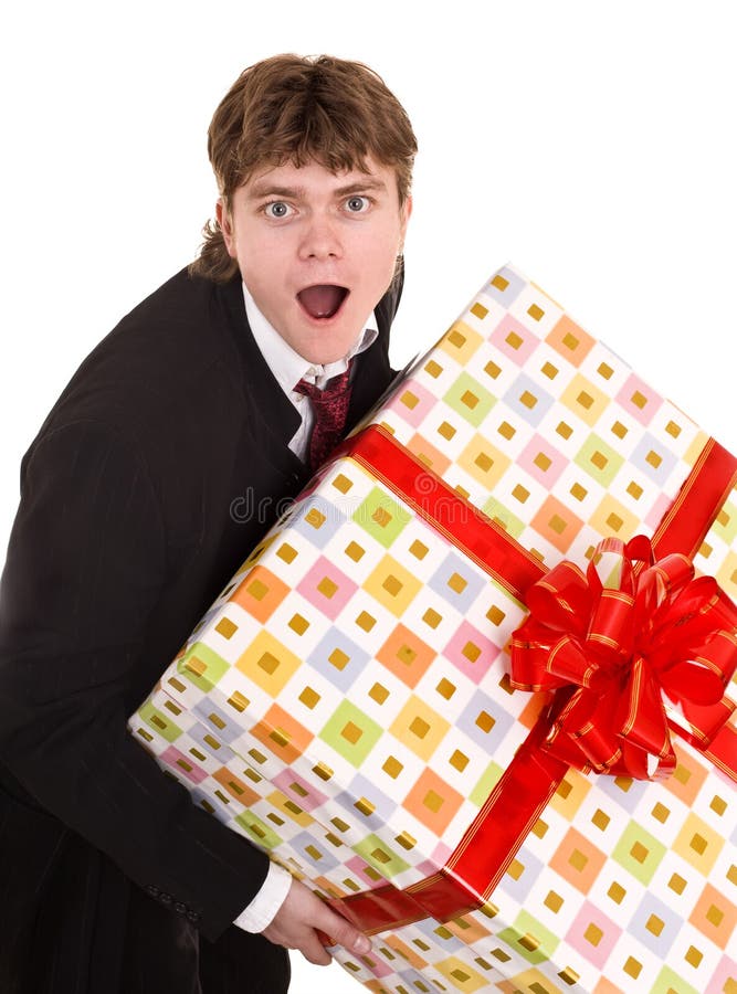 Man with big gift box. stock image. Image of ribbon, isolated - 11007137