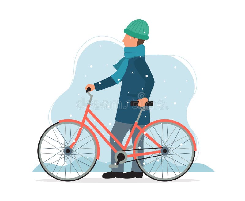 Man with a Bike in Winter. Cute Vector Illustration in Flat Style Stock ...