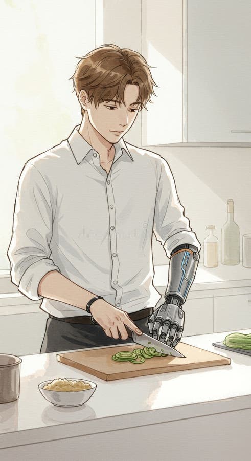 A Man with a Bionic Arm Cooks in the Kitchen. Stock Illustration ...