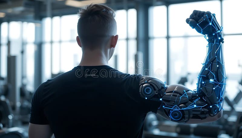 Man with Bionic Arm Flexing at the Gym Showing Strength Stock ...
