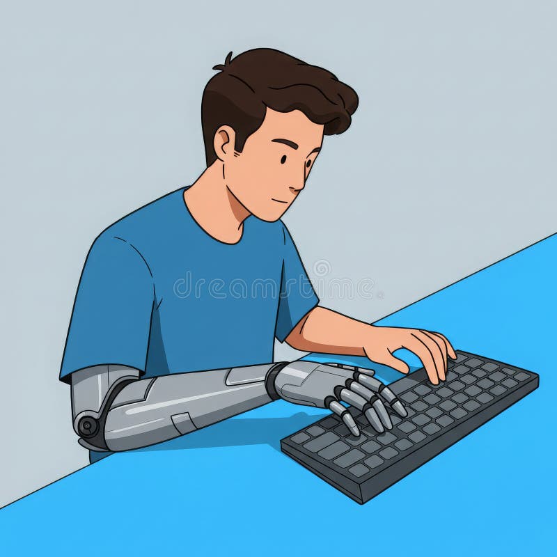 A Man with a Bionic Hand is Typing on a Keyboard. Stock Illustration ...