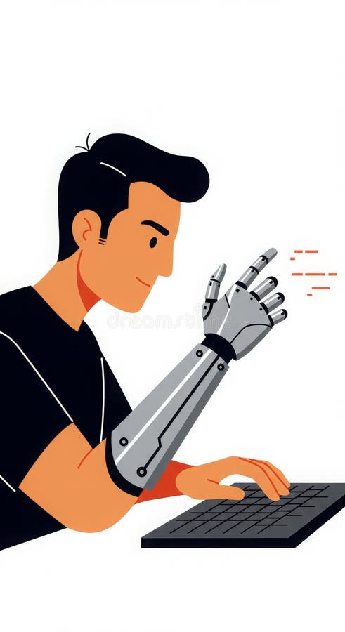 A Man with a Bionic Hand is Typing on a Keyboard. Stock Illustration ...