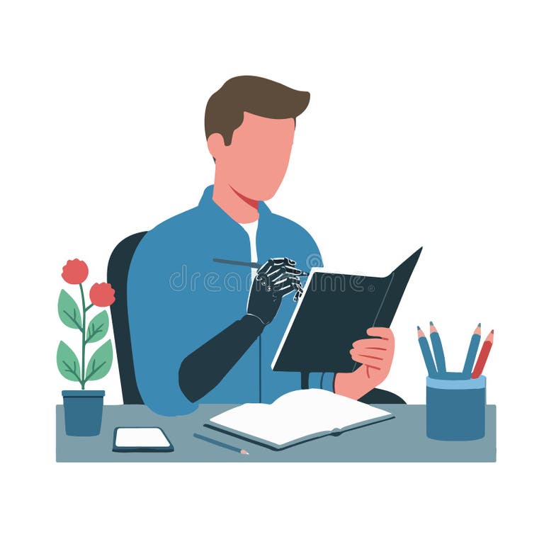 A Man with Bionic Hand Write a Book Flat Design 3d Vector Illustration ...