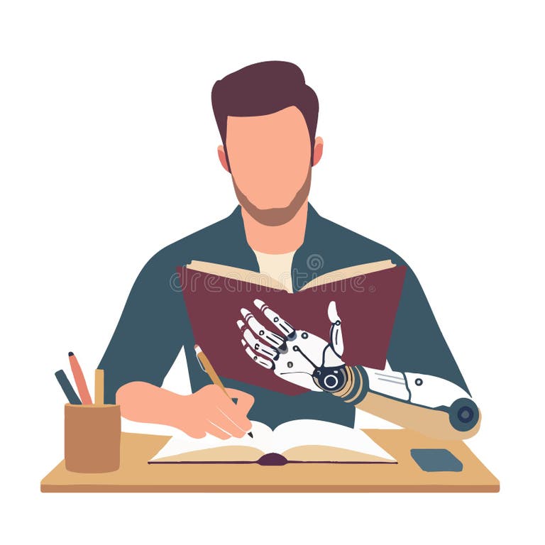 A Man with Bionic Hand Write a Book Flat Design 3d Vector Illustration ...