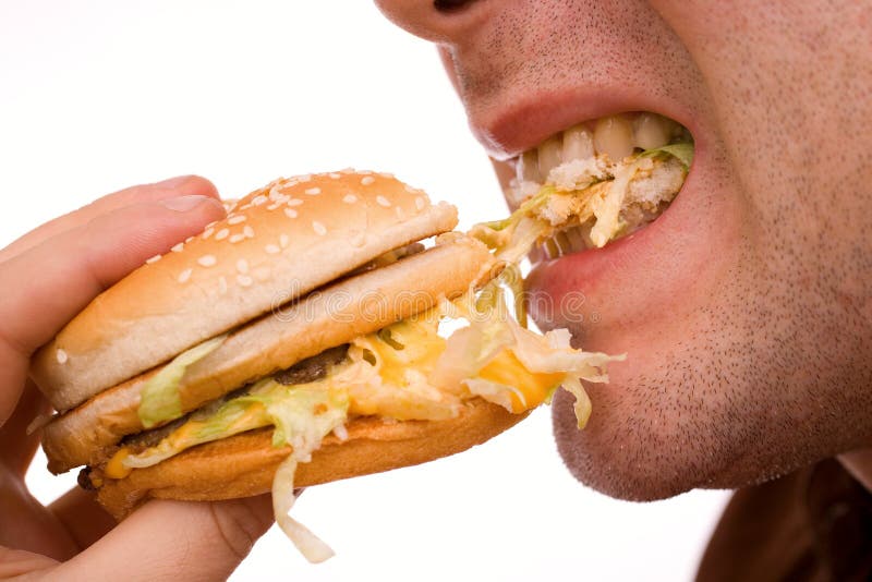 Man Biting Hamburger Macro on White Stock Photo - Image of meal, snack ...