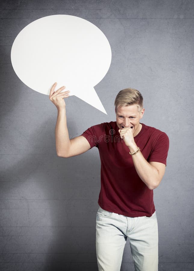 Man Biting Hand while Holding Blank Speech Bubble. Stock Photo - Image ...