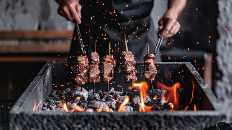 A Man in Black Attire Skillfully Preparing Shashlyk Over an Outdoor ...