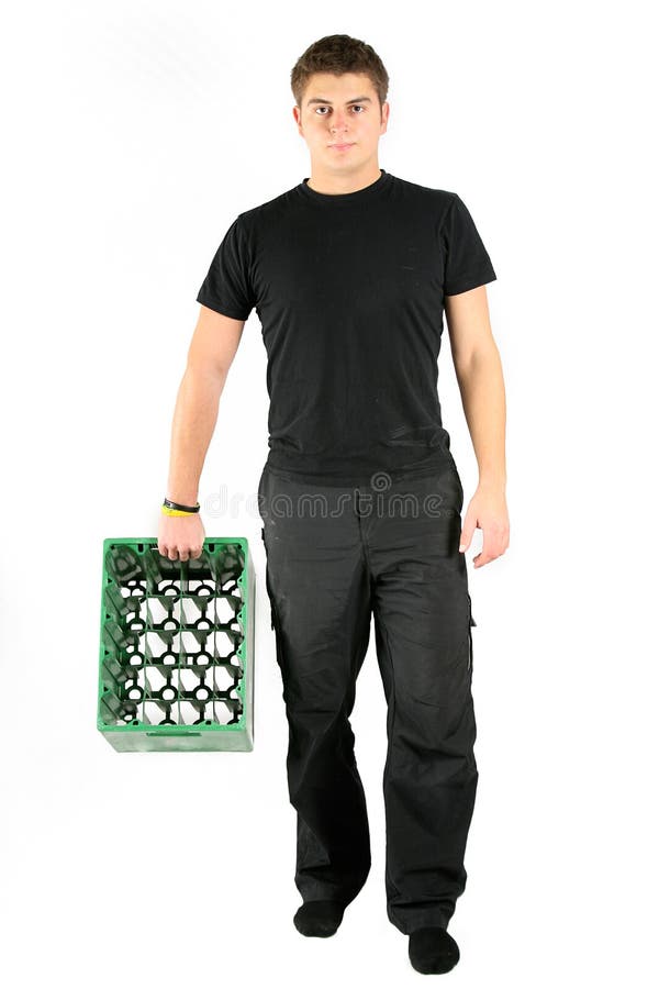 Man in Black with Beer Plastic Box Stock Photo - Image of hold, circle ...