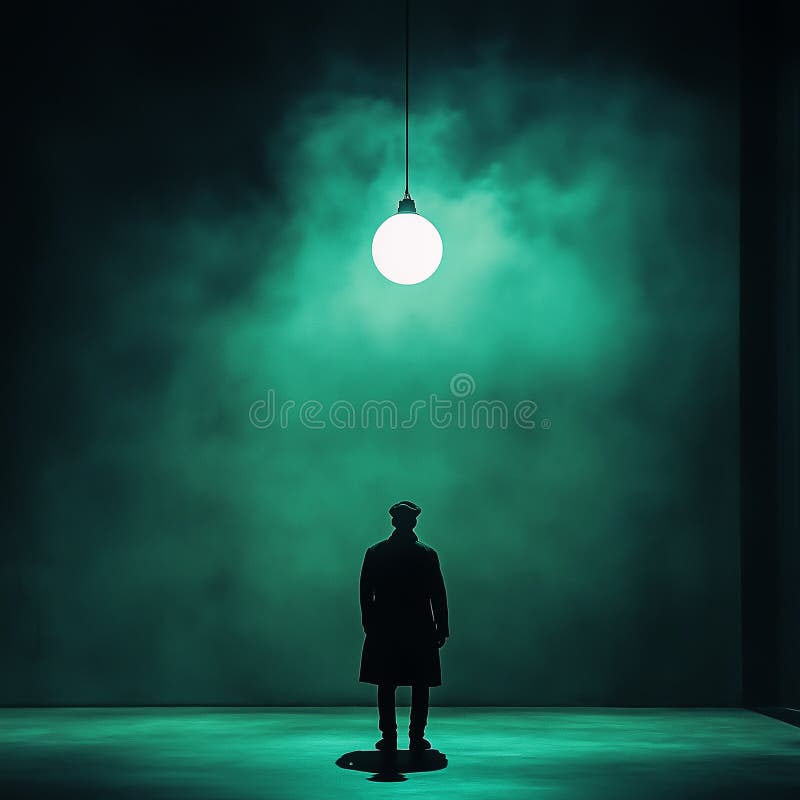 Man in Black Cap and Coat Standing in Dark Green Room Under a Light ...