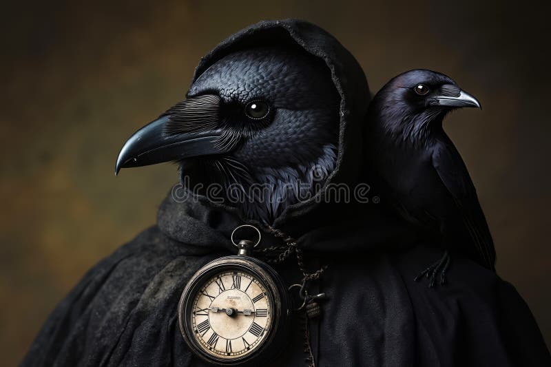 A Man in a Black Cloak Holding a Clock and Two Crows Stock Image ...